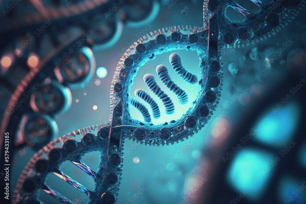 Concept of human DNA details view under the microscope. Blue helix ...