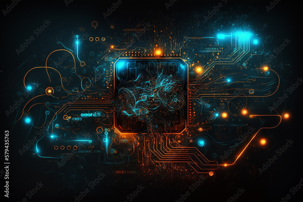 Creative Macro Shot Of Circuit Cyberspace Board With Computer Motherboard Component Connectors