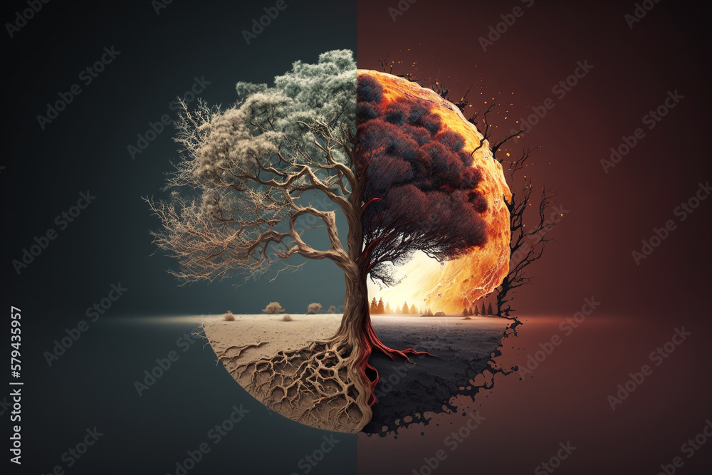 Global Warming concept with tree half living and the other half ...