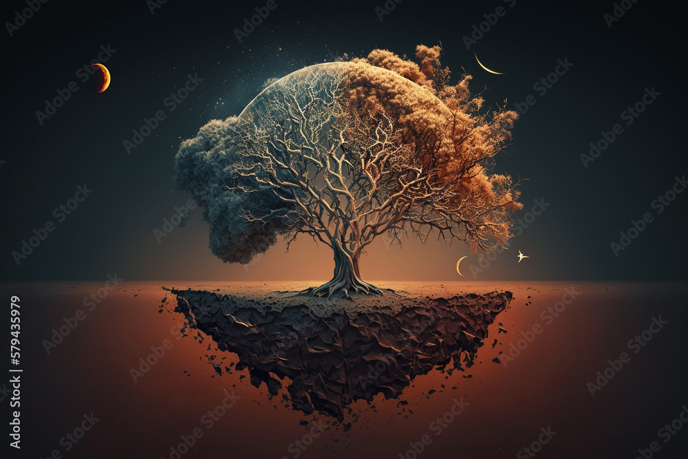 Global Warming concept with tree half living and the other half ...