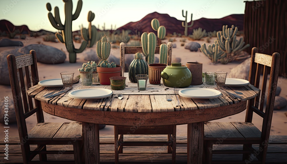 A rustic dining table set in the middle of a desert, complete with ...