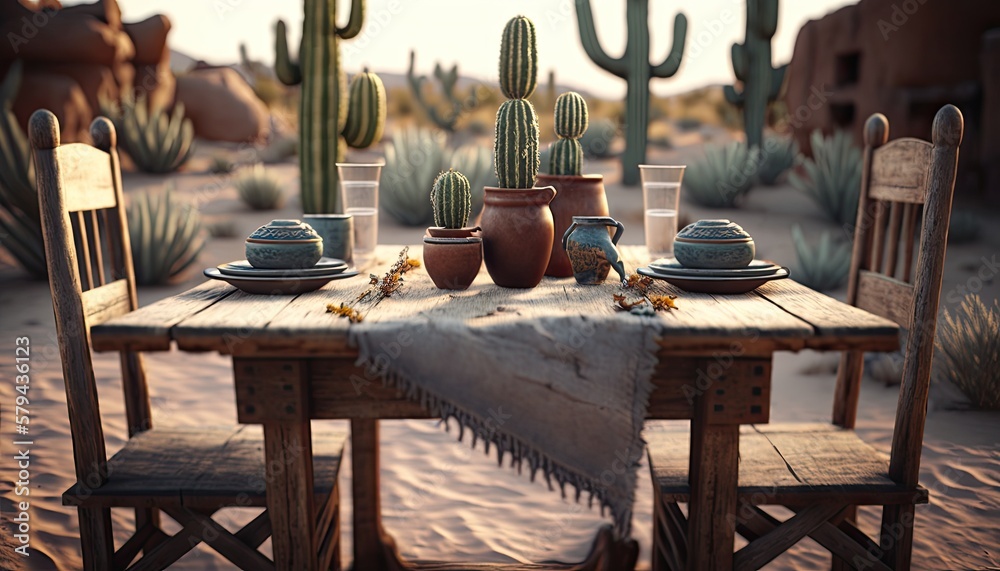 A rustic dining table set in the middle of a desert, complete with ...