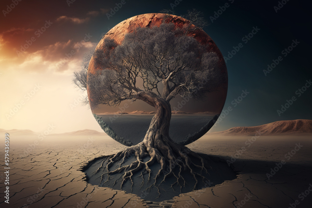 Global Warming concept with tree half living and the other half ...