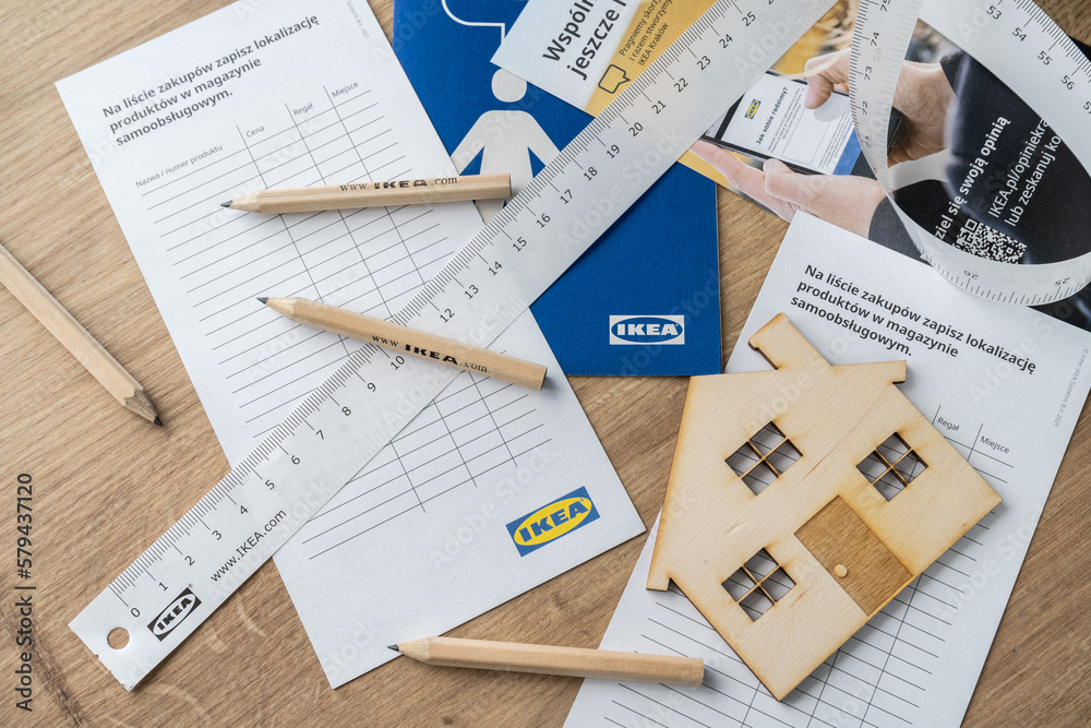 Ikea pencils, shopping list order form with logo sign, paper ...