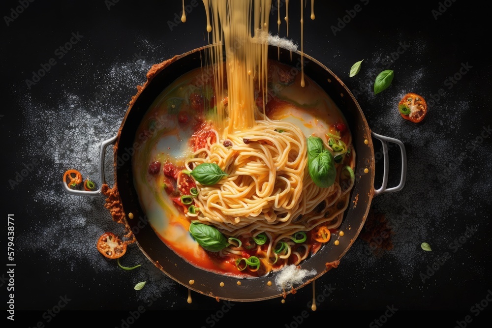 Italian spaghetti in a splattered, non representational pan. Components ...