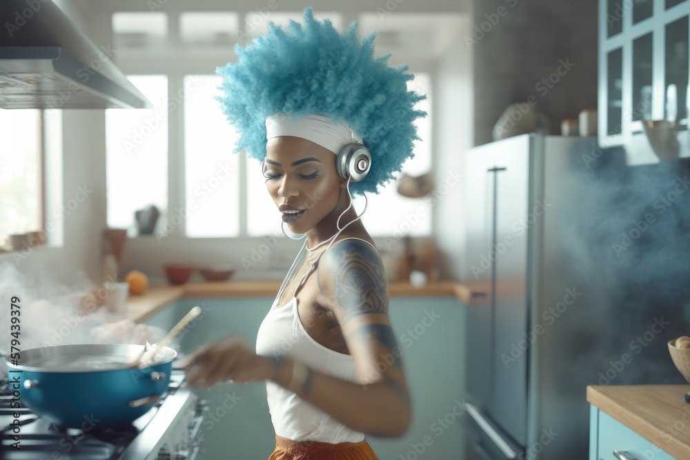 A beautiful black woman with a blue afro hairstyle and tattoos listens ...