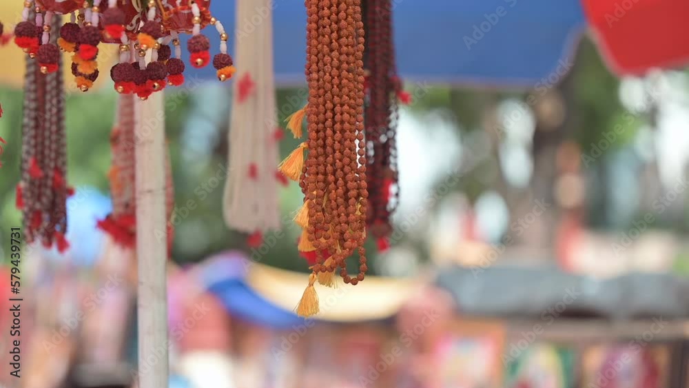 Merchants selling Hindu beads and symbol in India at the Hindu ...