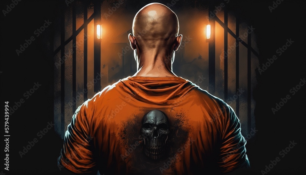 Bald Man In Prison: Guy In Jail In Orange T-shirt Locked Behind The ...