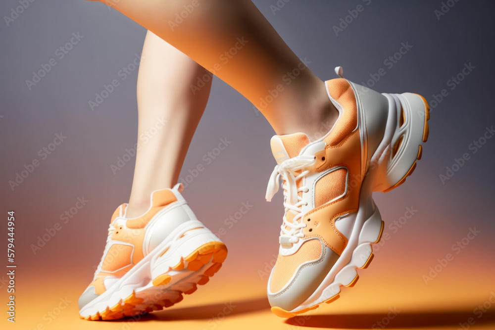 Female legs, feet in running sneakers. Studio background. Sneaker shoe ...