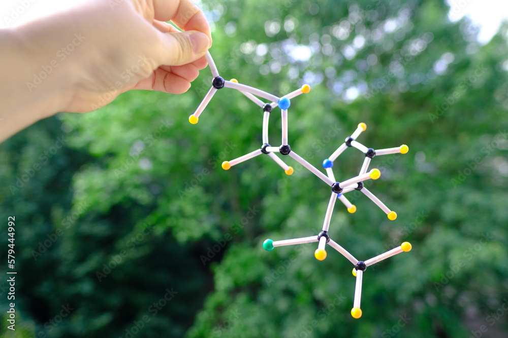 close-up of female scientist's hands holding of molecules and atoms in ...