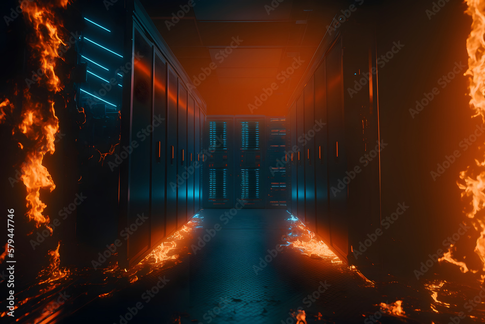 Data center server room burning. Modern telecommunications ...