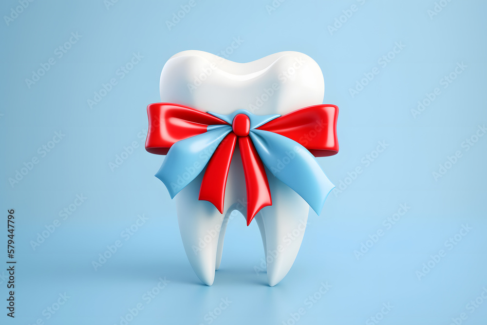 White healthy human tooth with red gift ribbon on blue background ...