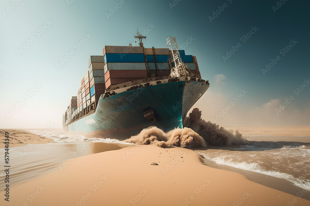 Container cargo ship accident crash sandy canal. Concept Global problem ...