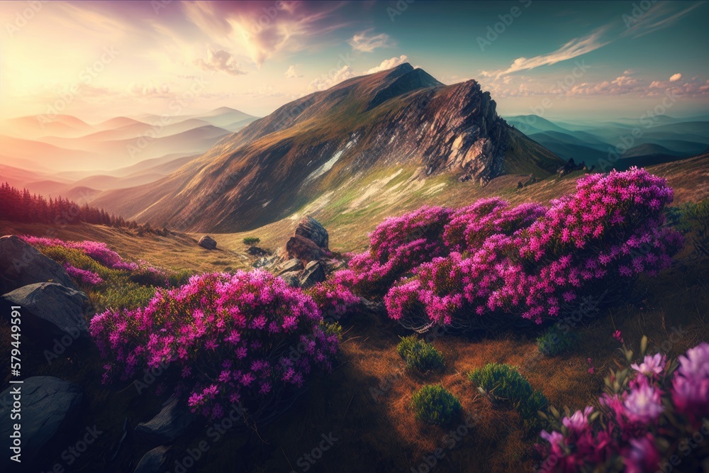 Beautiful scenery with pink rhododendron flowers on a warm summer day ...