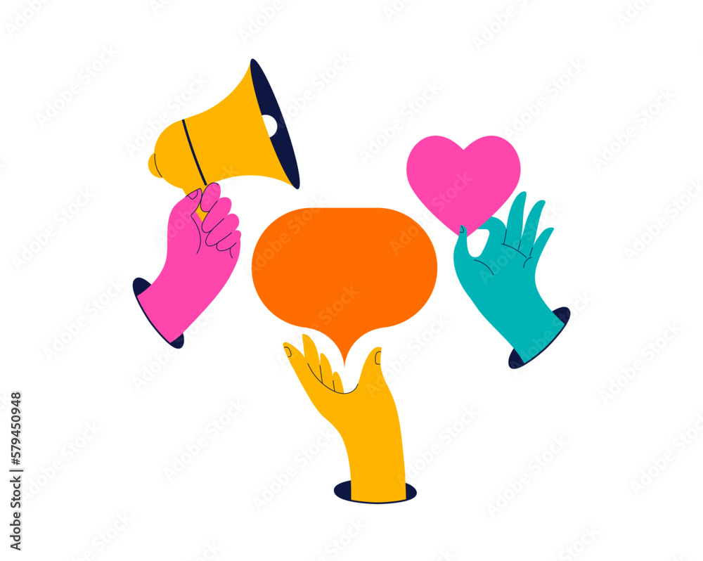 Collection of colorful hands holding megaphone, speech bubble and heart ...
