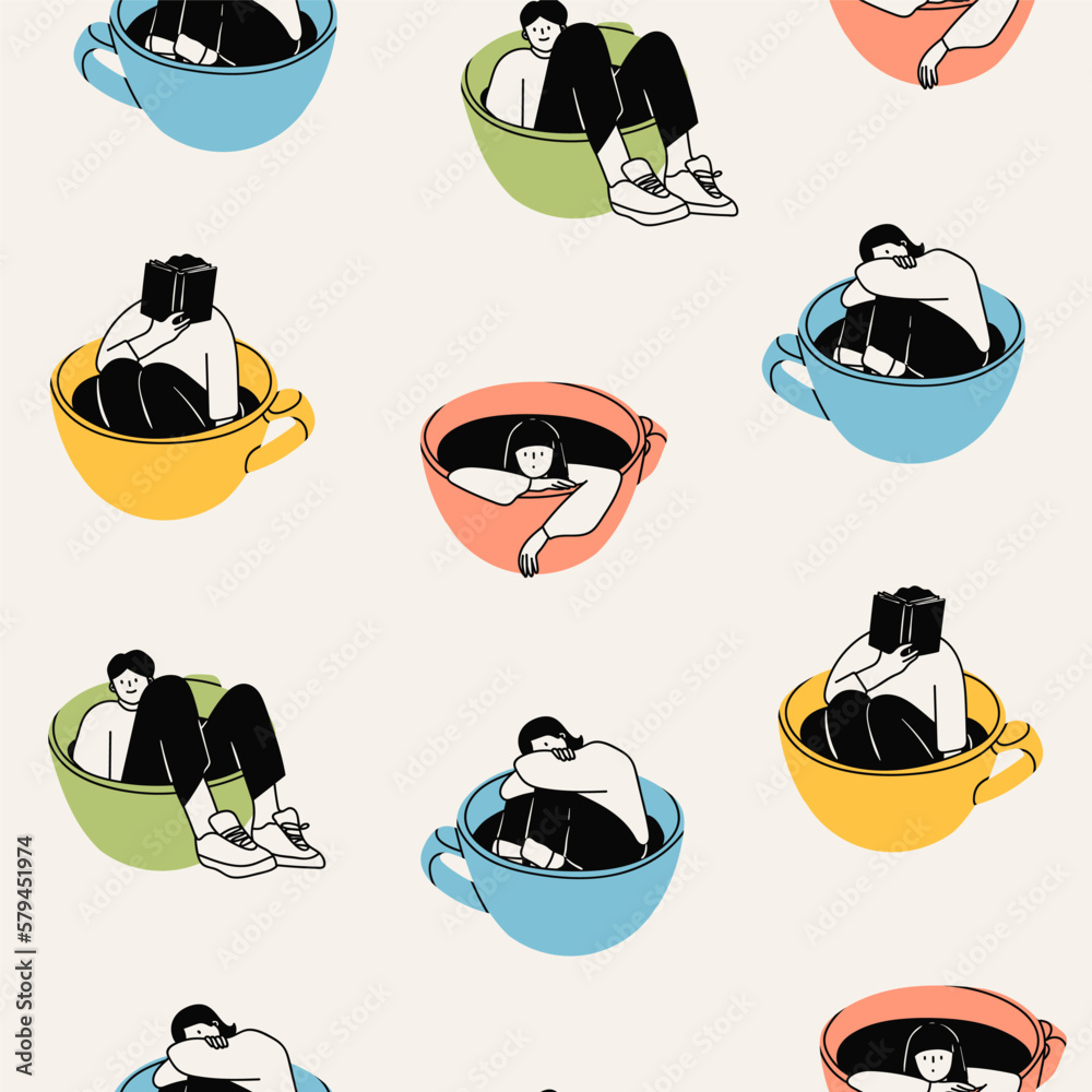 Set of various young People sitting in the big giant Cups in different ...