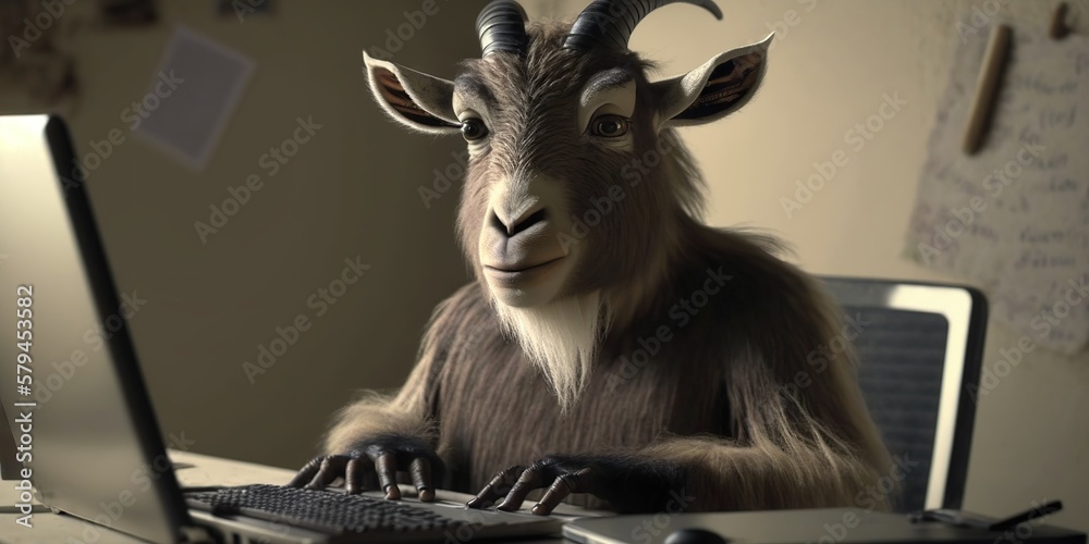 Goat sitting at desk with computer looking like its hard at work or ...