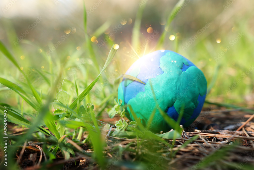 Model of earth on the ground in the forest with bright sun light ...