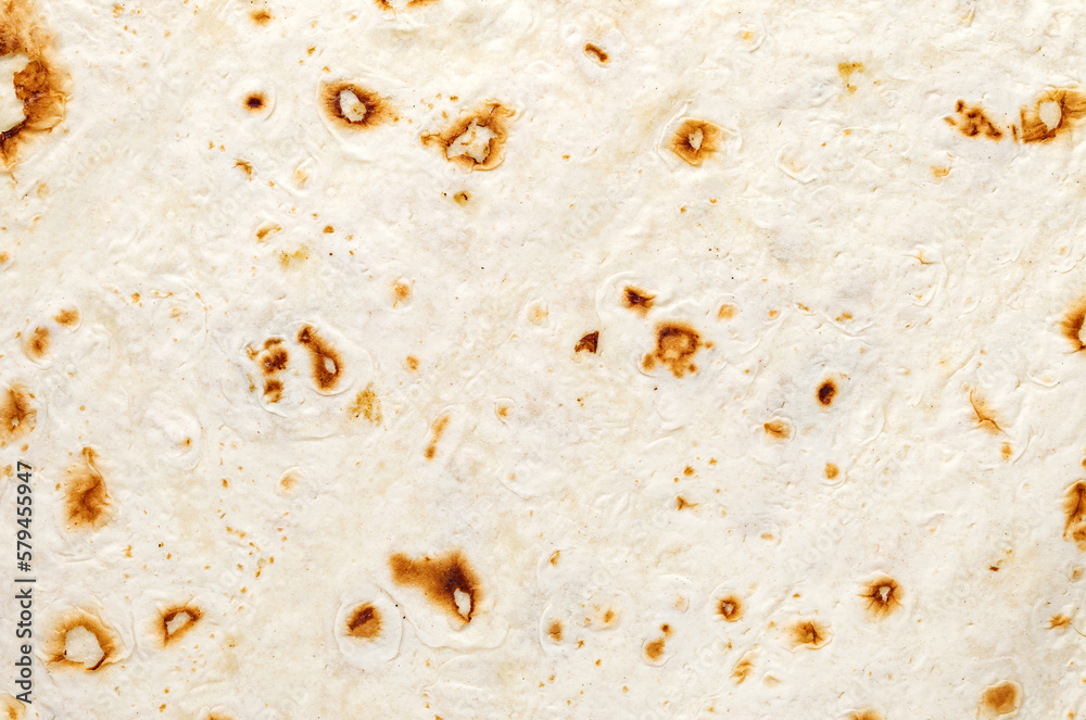 Pita bread handmade in tandoor, baked specks, closeup structure ...