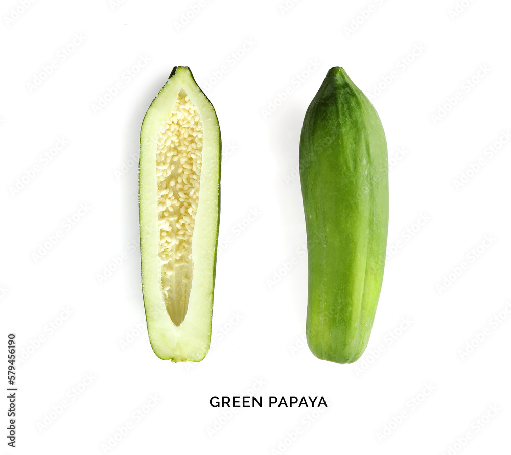 Creative layout made of green papaya on the white background. Flat lay ...