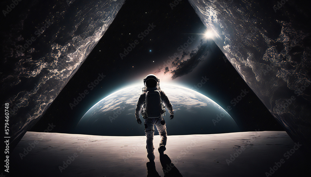 An astronaut running on the moon and earth in the background, Ai ...