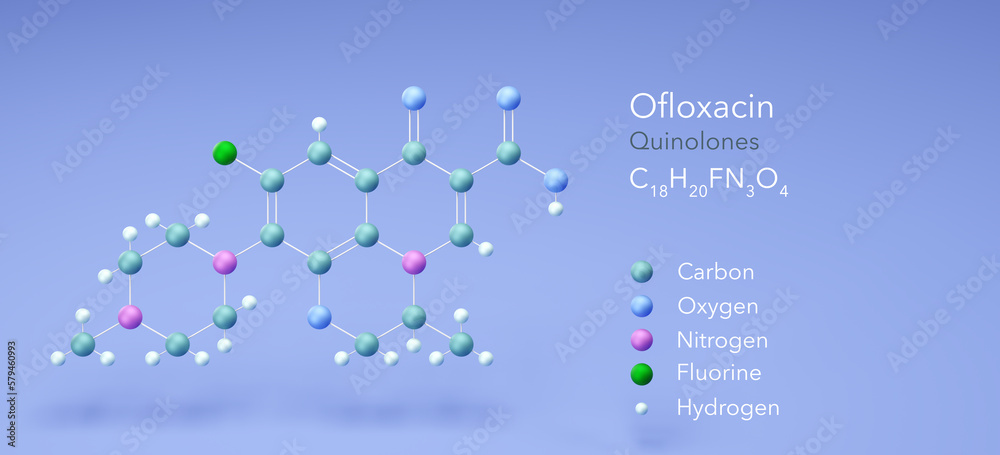 ofloxacin molecule, molecular structures, quinolones, 3d model ...