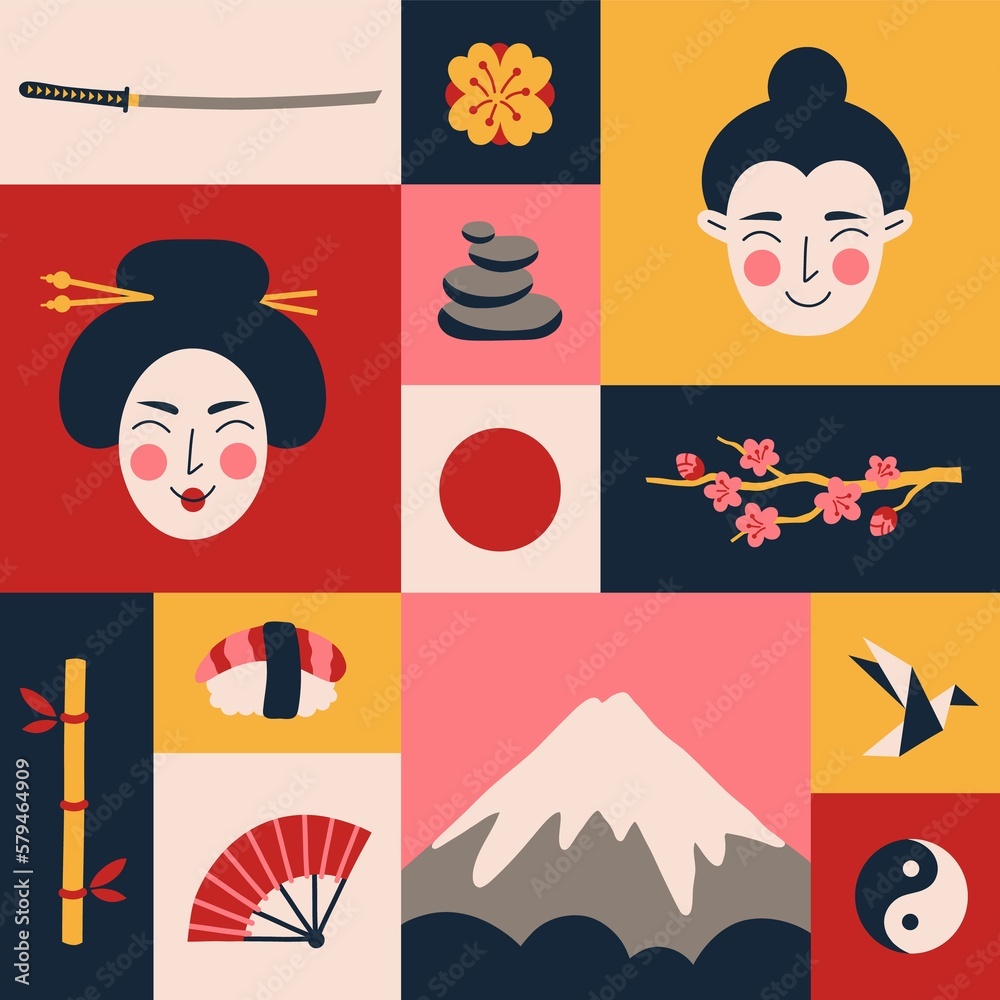 Traditional japanese luck symbols. Cute geisha masks, samurai sword ...