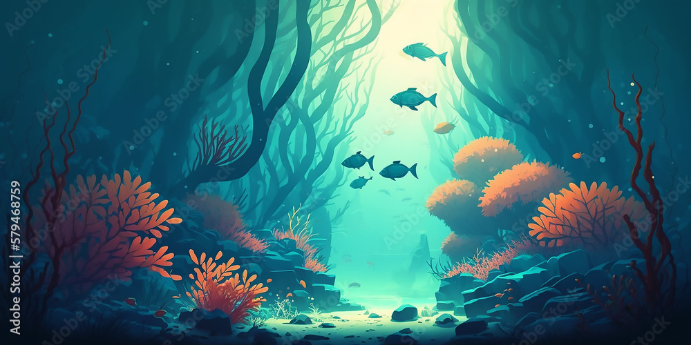 Underwater scene with fish and corals, fantasy art, 2d game art, gaming ...