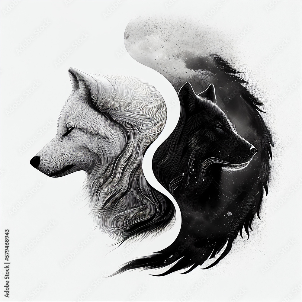 yin and yang, black and white wolves, indian symbol, iconic, spiritual ...