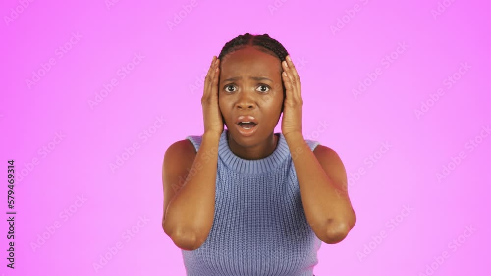 Shock, fear and face of black woman on studio background, pink backdrop ...