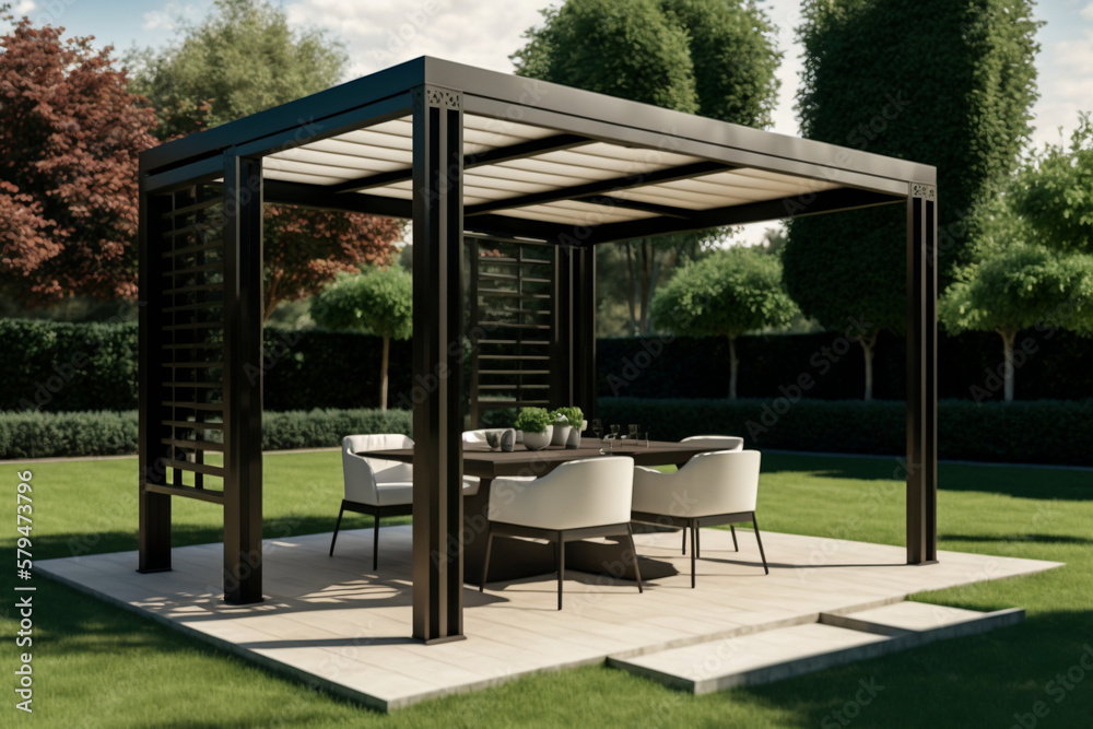Modern patio furniture includes a pergola shade structure, an awning, a ...