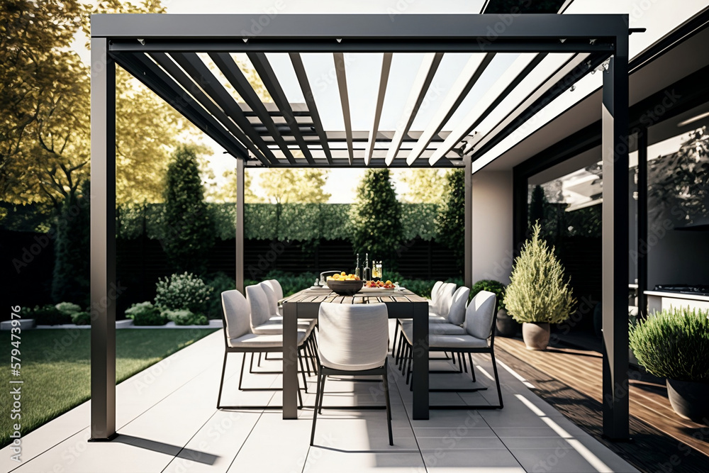 Modern patio furniture includes a pergola shade structure, an awning, a ...