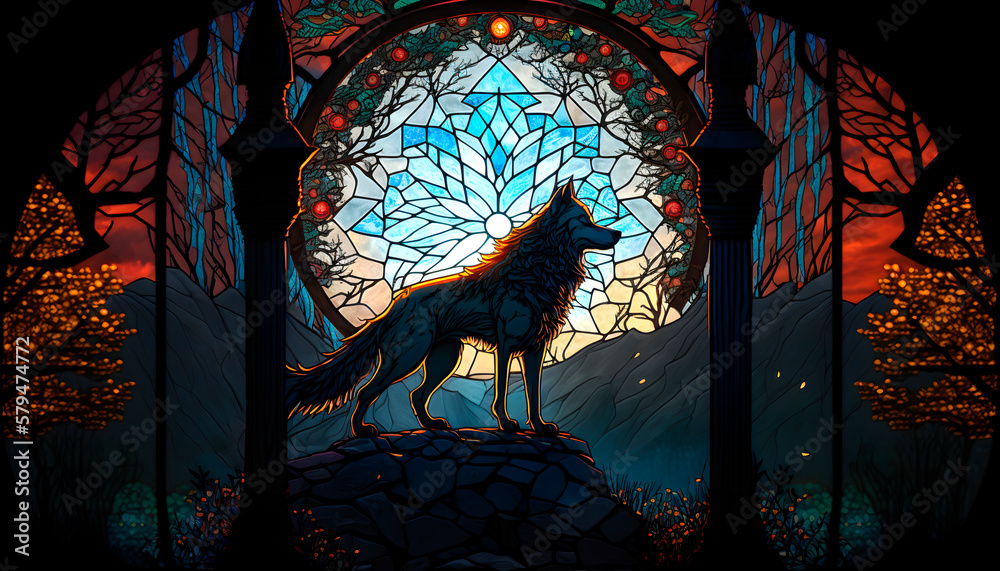 The wolf stands in front of a stained-glass window of colorful windows ...
