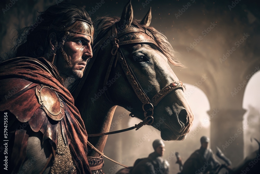 Alexander the Great Mounted on his Steed Horse. Battle in Ancient Times ...