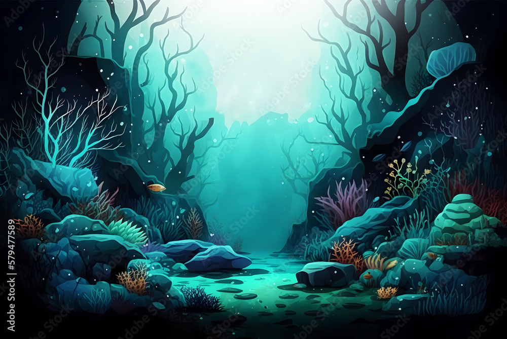 Illustration, seabed, framing frame underwater background with corals ...