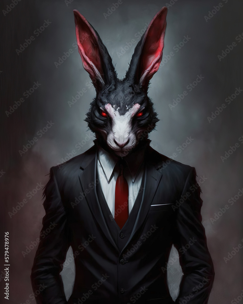 anthro white rabbit, red eyes, evil face, black business suit, full ...