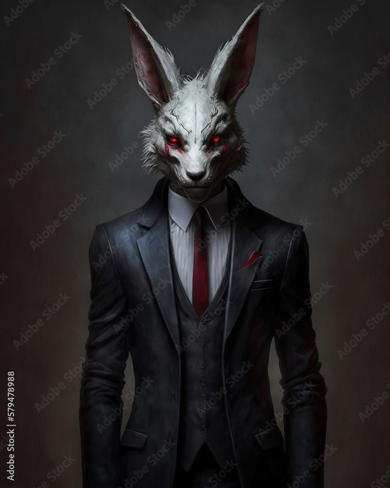 anthro white rabbit, red eyes, evil face, black business suit, full ...
