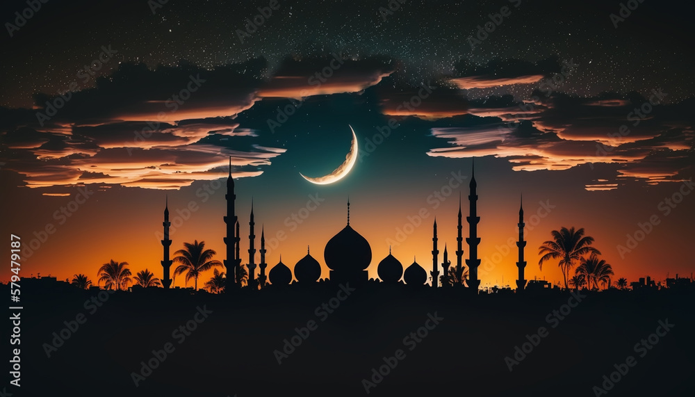 Mosque sunset sky, moon, holy night, islamic night and silhouette ...