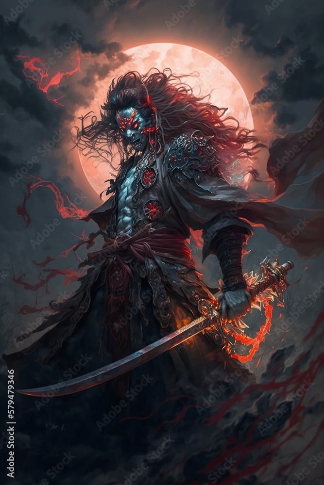 demon with sword, long flashy hair, japanese samurai kimono, moon in ...