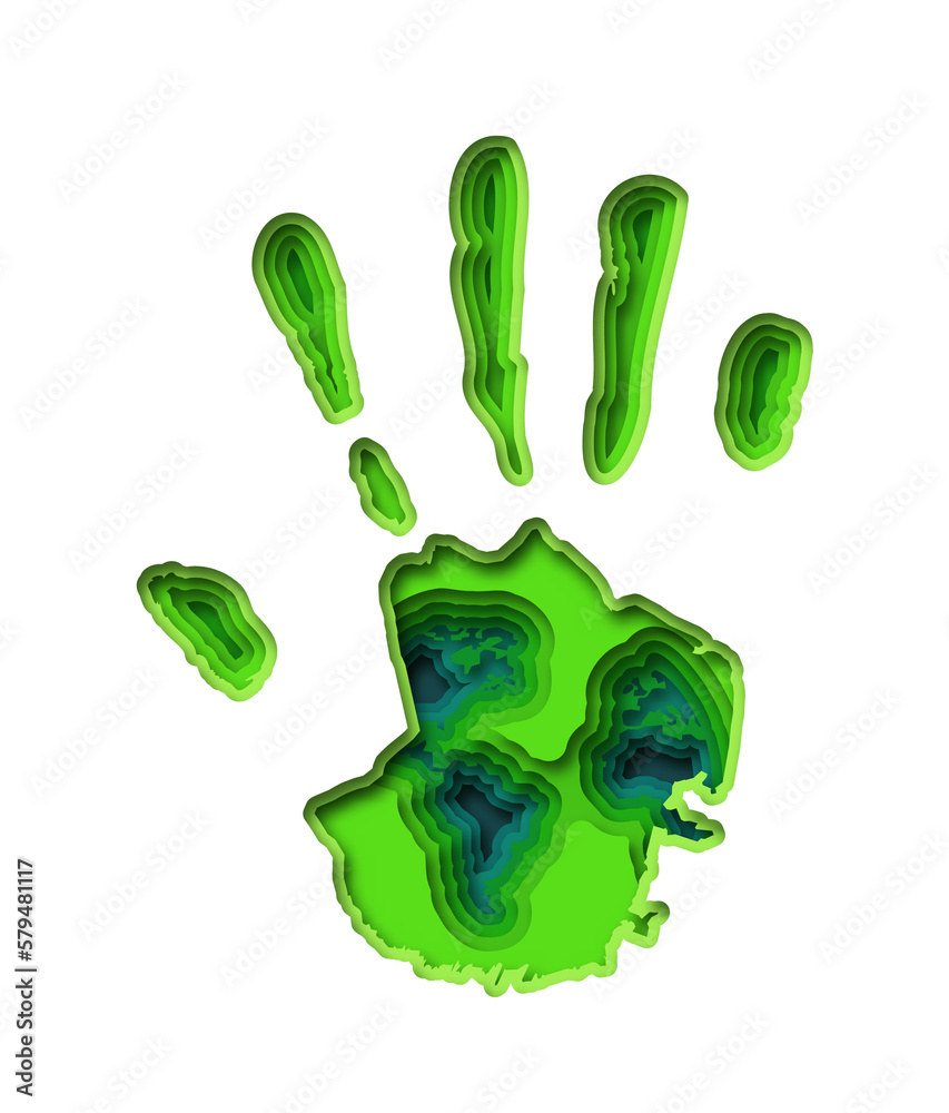 Green paper cut human hand print illustration with earth world map ...