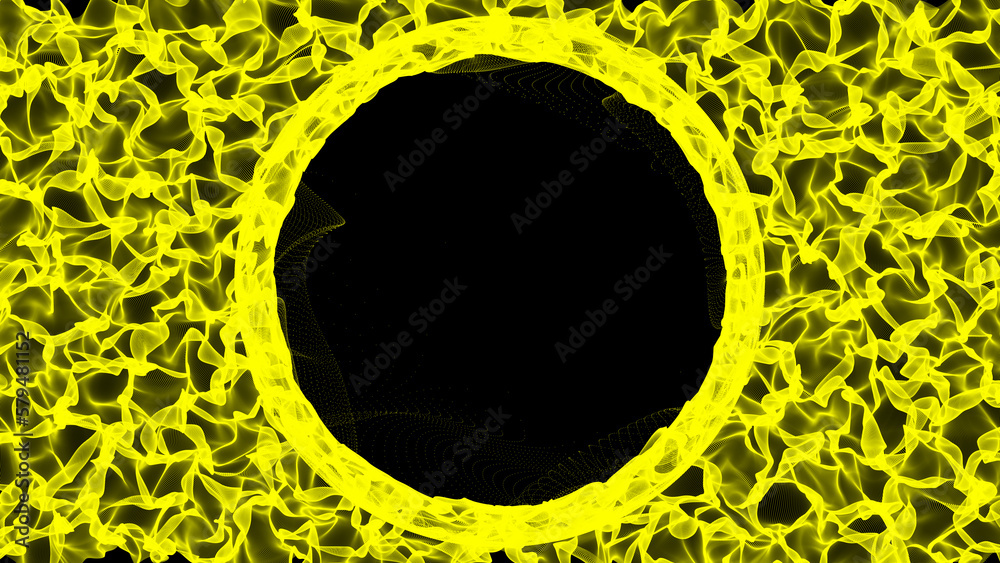 Hot flaming circle with ember. Explosive colored gases and gold flames ...