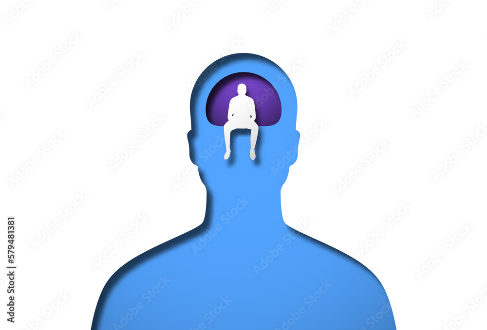 Papercut man silhouette with little character inside head in realistic ...