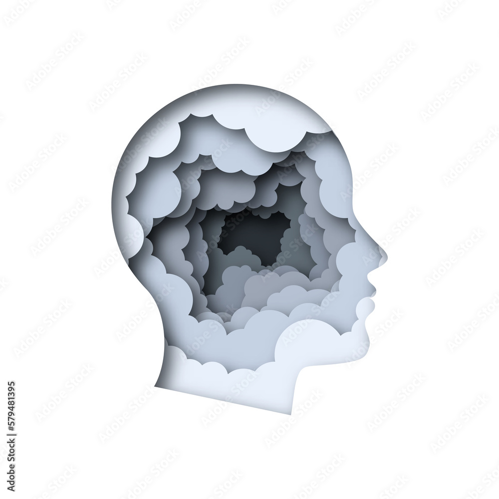 Realistic 3D paper cut man head with black smoke inside. Papercut ...