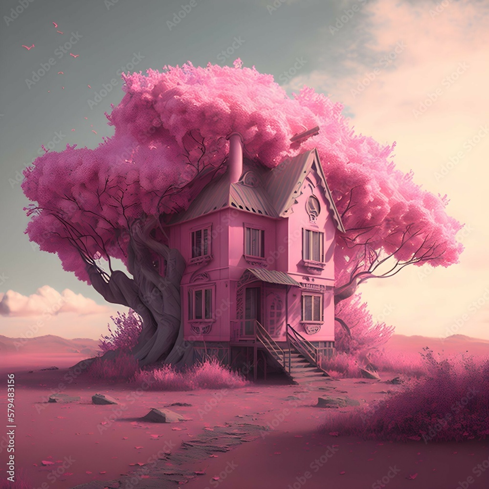 Pink house melted in a pink tree. Created with generative Ai technology ...