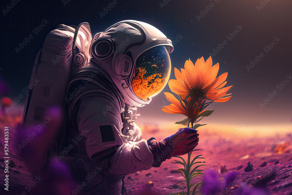 Alone astronaut in space suit seedling plant on surface of red planet ...