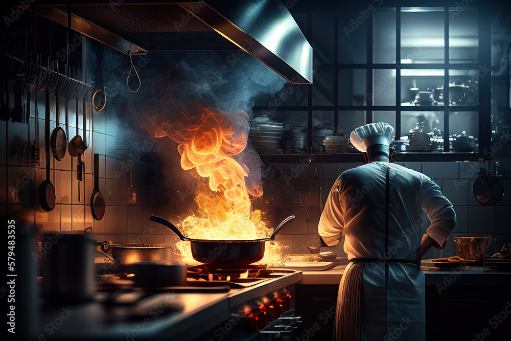 Chef cooking in restaurant kitchen interior. Back view of man in chef ...
