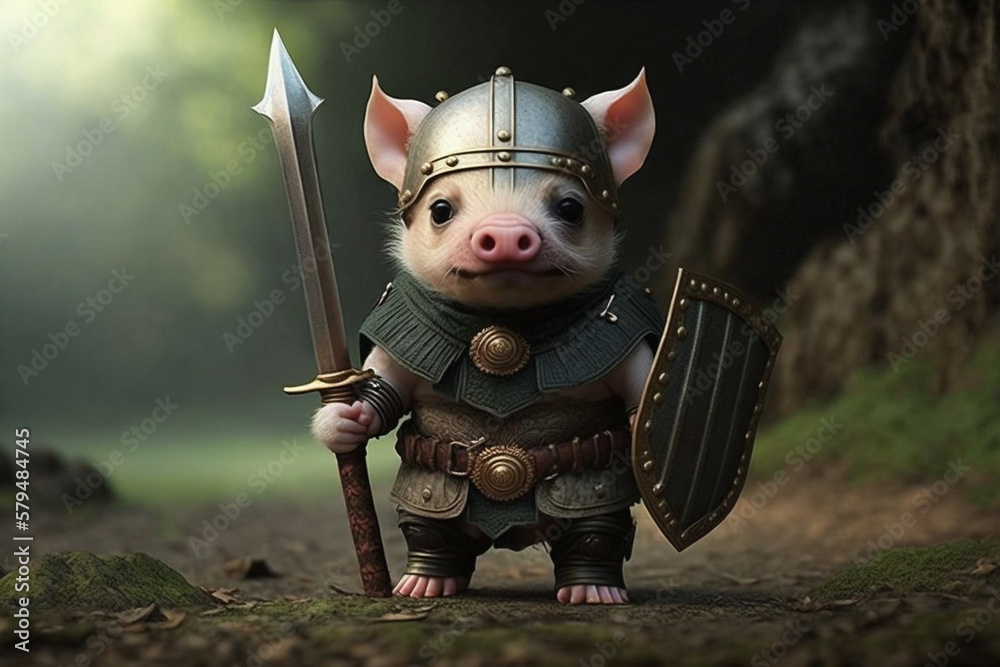 Little cute baby pig or pigglet in warrior hero outfit. Pig in warrior ...