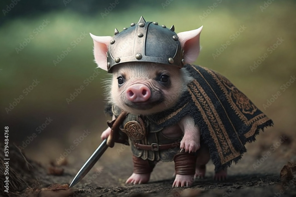 Little cute baby pig or pigglet in warrior hero outfit. Pig in warrior ...