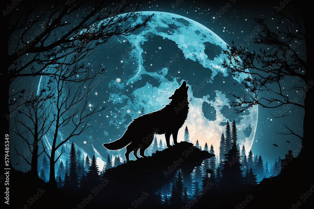 Wolf howling at full moon in the forest vector illustration. Wild ...