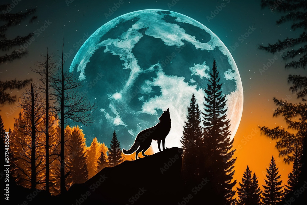 Wolf howling at full moon in the forest vector illustration. Wild ...